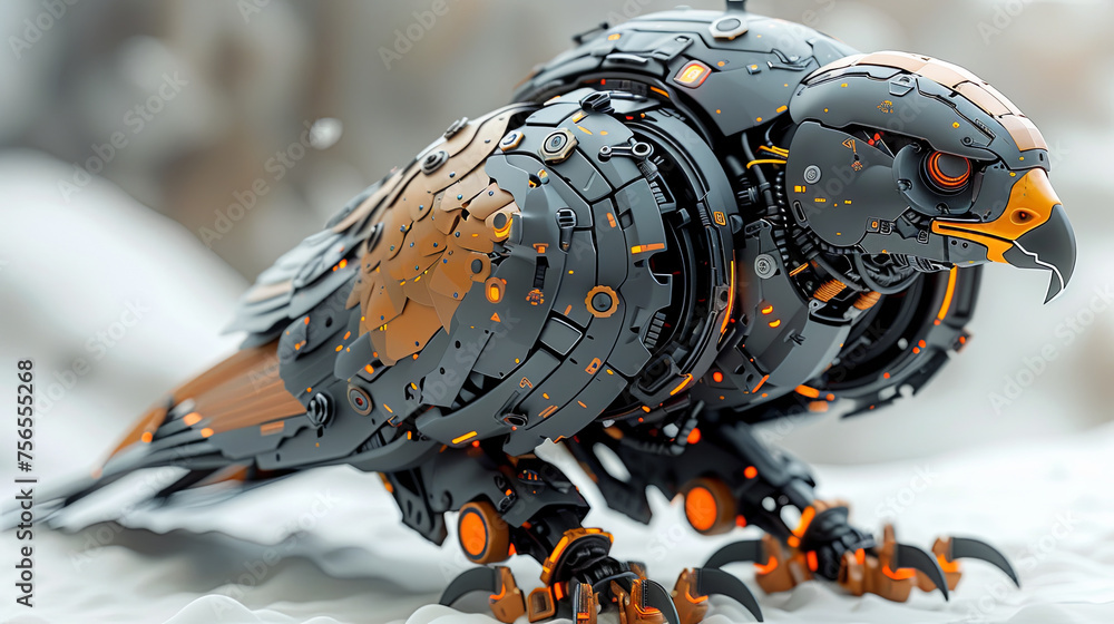 This image features a robotic raven with a sleek, futuristic design ...