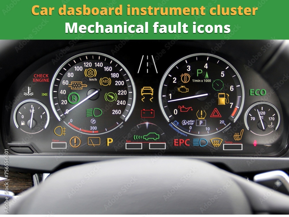 Car dashboard with 3d mechanical fault icons overlay - instrument ...