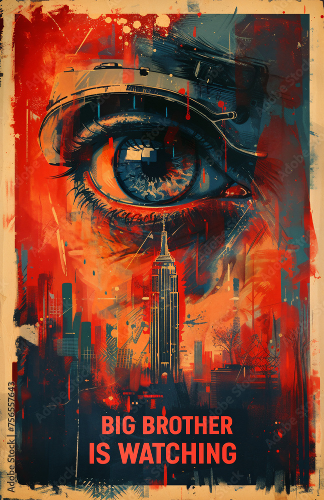 cartoonish drawn dystopian propaganda poster displaying a security ...