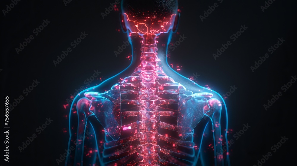 Science anatomy scan of human body with glowing rib cage blood vessels ...