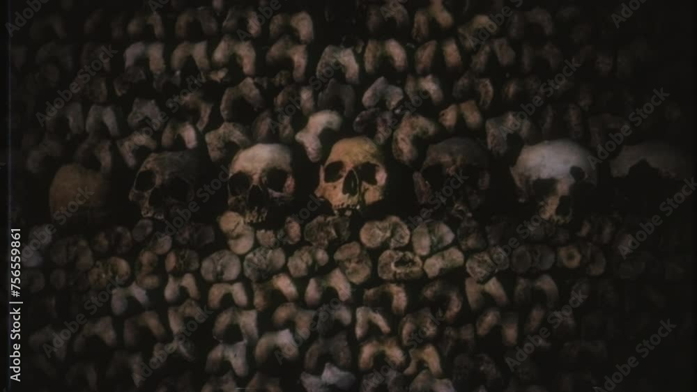 Pile Human Skull Bones Ancient Wall Old VHS Texture Tracking Shot ...