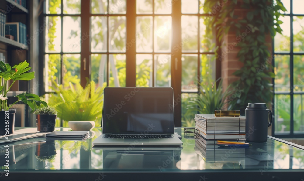 A laptop computer is placed on a glass desk by a large window ...