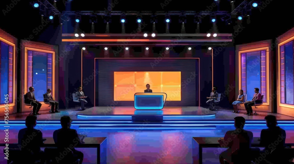 A single presenter and contestants sitting on a 3d stage for an quiz ...