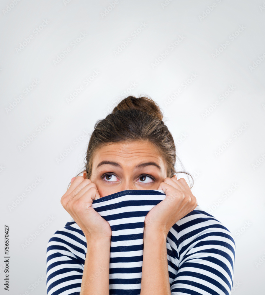 Scary, woman and hide face with fear or anxiety in studio, white ...