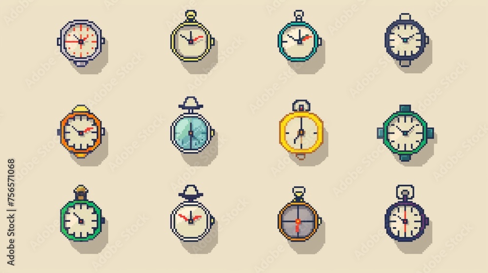 (12) pixel art, retro style stopwatch icons with a 3D effect, giving ...