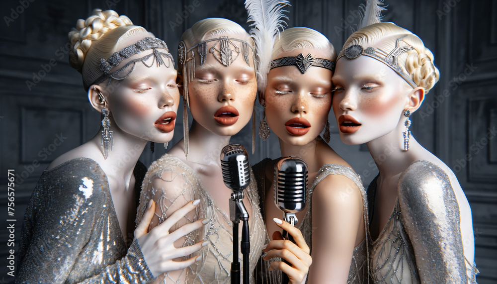 Women dressed as a Gatsby attire and singing on a microphone Stock ...