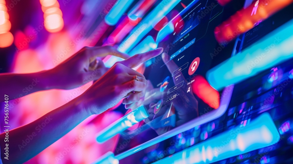 Interactive digital interface with neon glow, indicative of futuristic ...