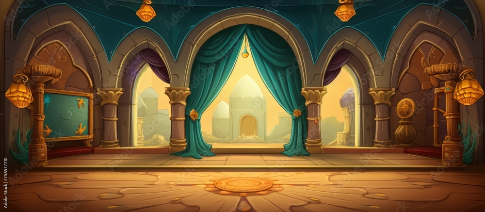 An artistic cartoon illustration of a room featuring arches and ...