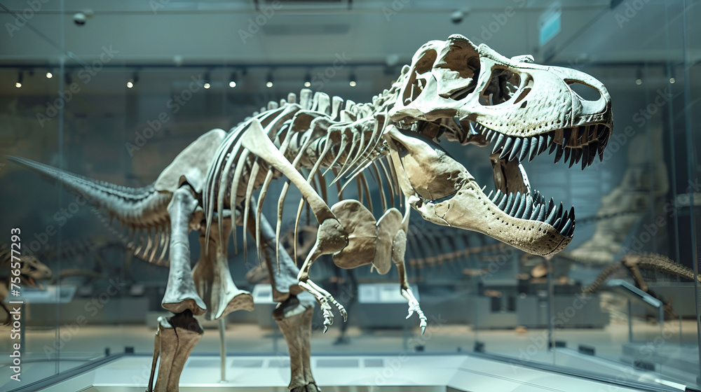 Dinosaur T Rex Skeleton in the museum of paleontology, dinosaur ...