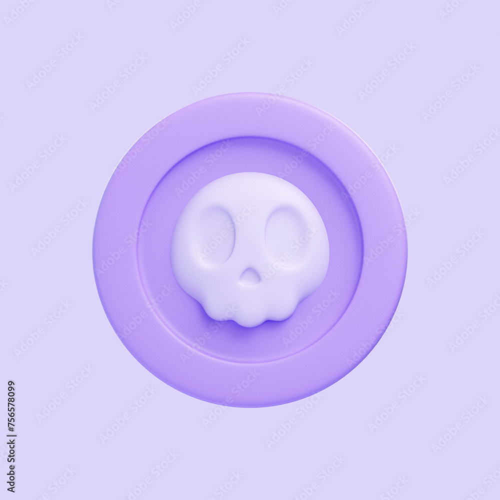 Purple coin with skull isolated on purple background. 3D icon, sign and ...