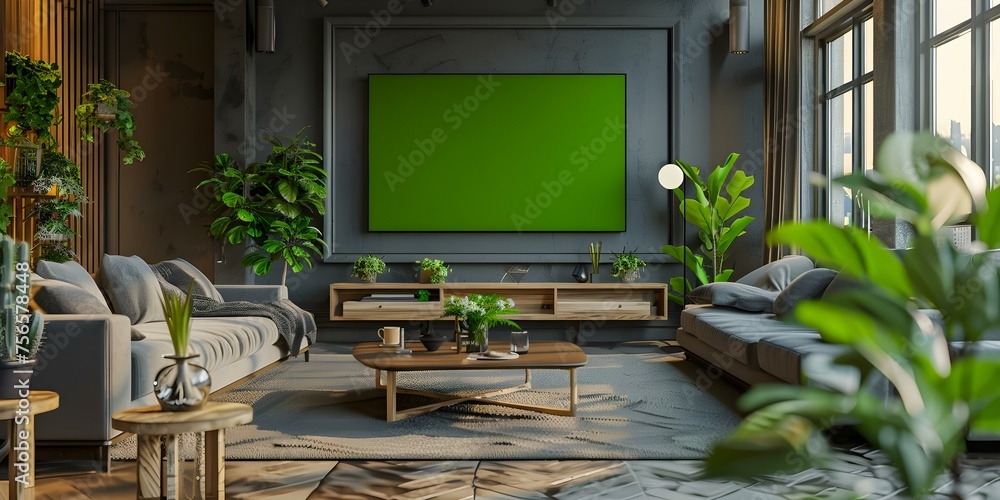 Modern living room with a blank green screen TV for customization . Concept Green Screen TV ...