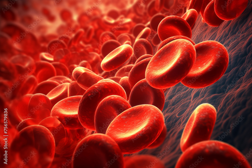 Close-up view cluster of blood cells within an artery, depicted with a ...