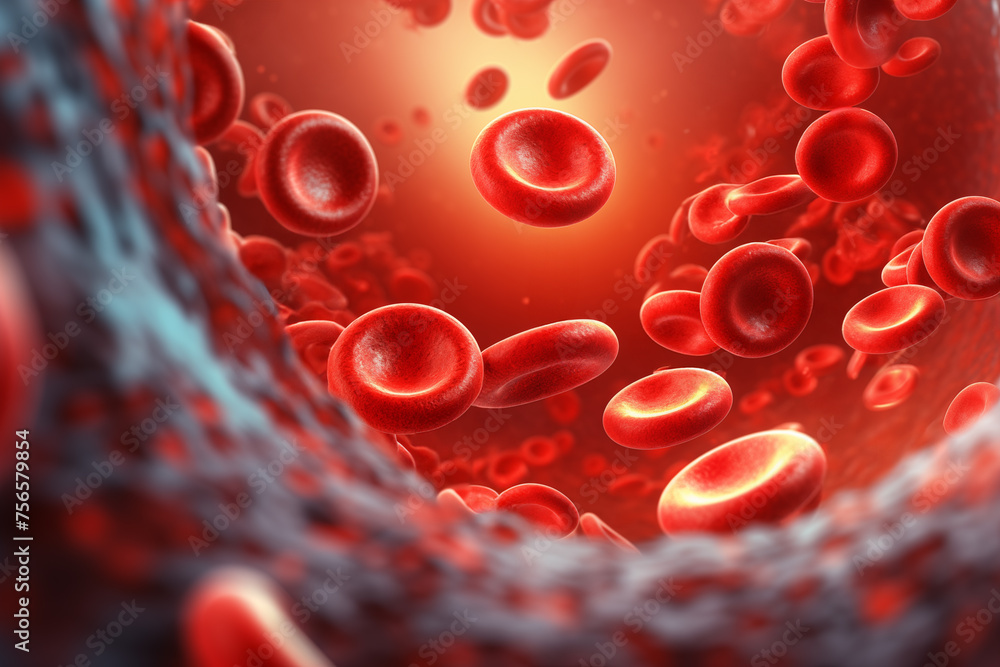 Close-up view cluster of blood cells within an artery, depicted with a ...