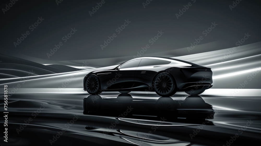 A modern concept car in a reflective monochromatic tunnel, evoking ...