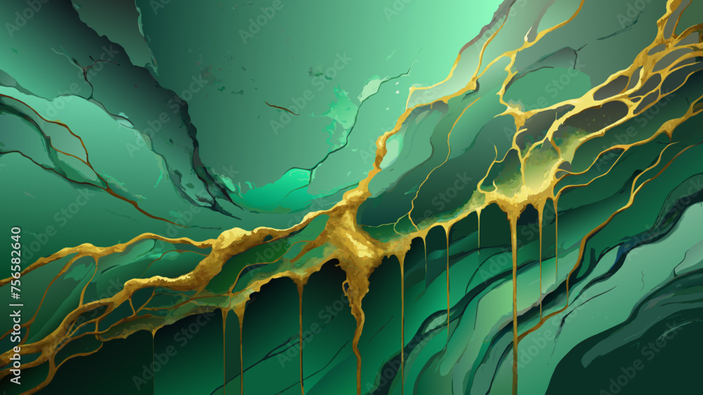 Green paints poured onto paper. Shiny golden veins and a crackled ...