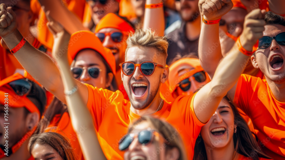 Dutch football soccer fans in a stadium supporting the national team ...