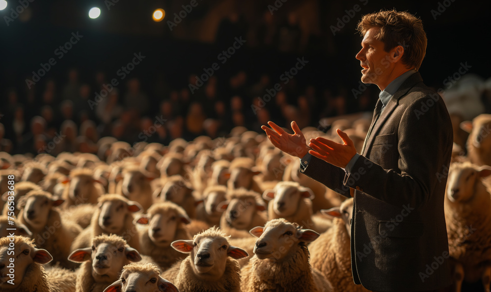 Political campaign satire with politician giving speech to a flock of ...