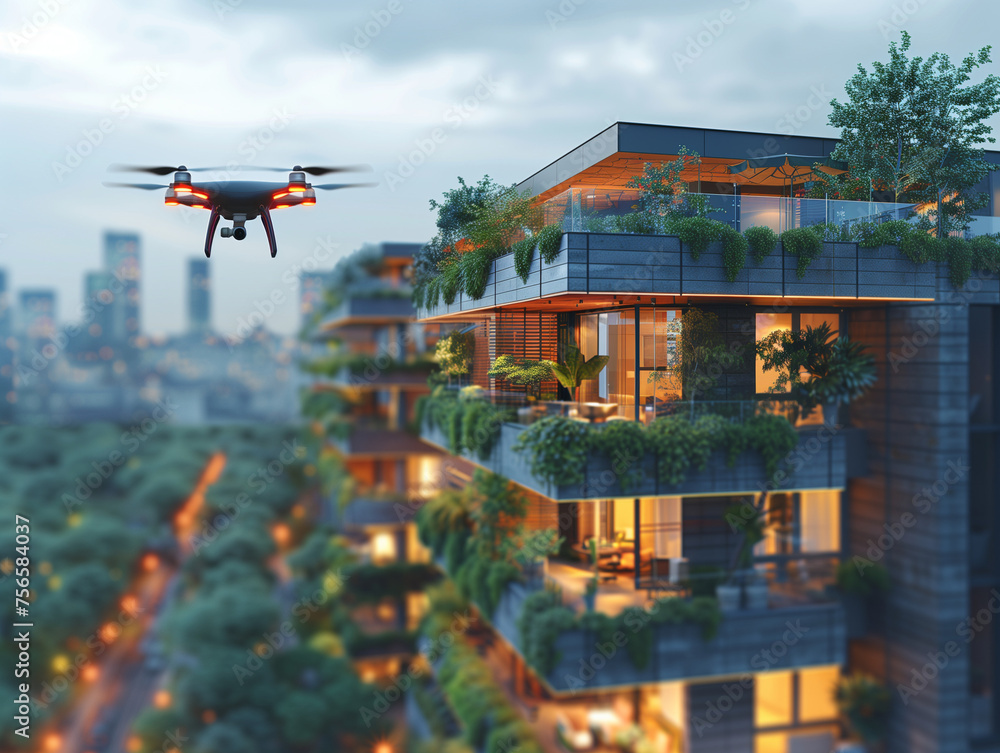 Drone flying over city building with modern designs and garden Stock ...