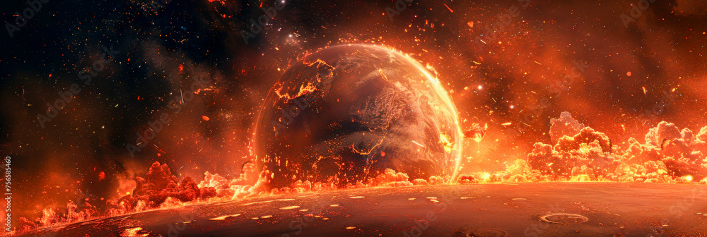 The image captures a planet partially engulfed in flames and lava ...