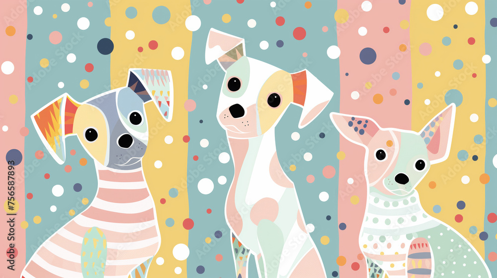 Abstract puppies in color blocks and polka dots, pastel coloring in a ...