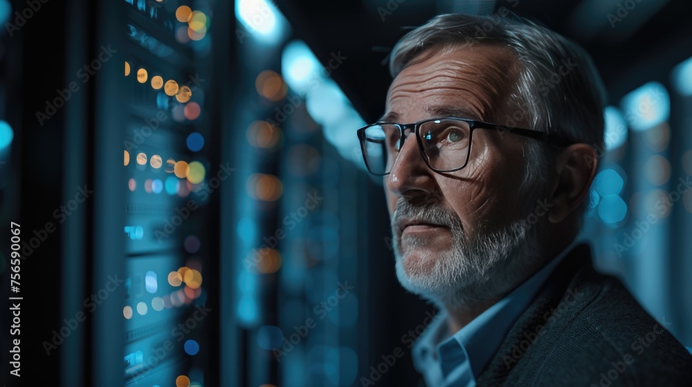 Tech Visionary in Thought, contemplative senior engineer engages with ...