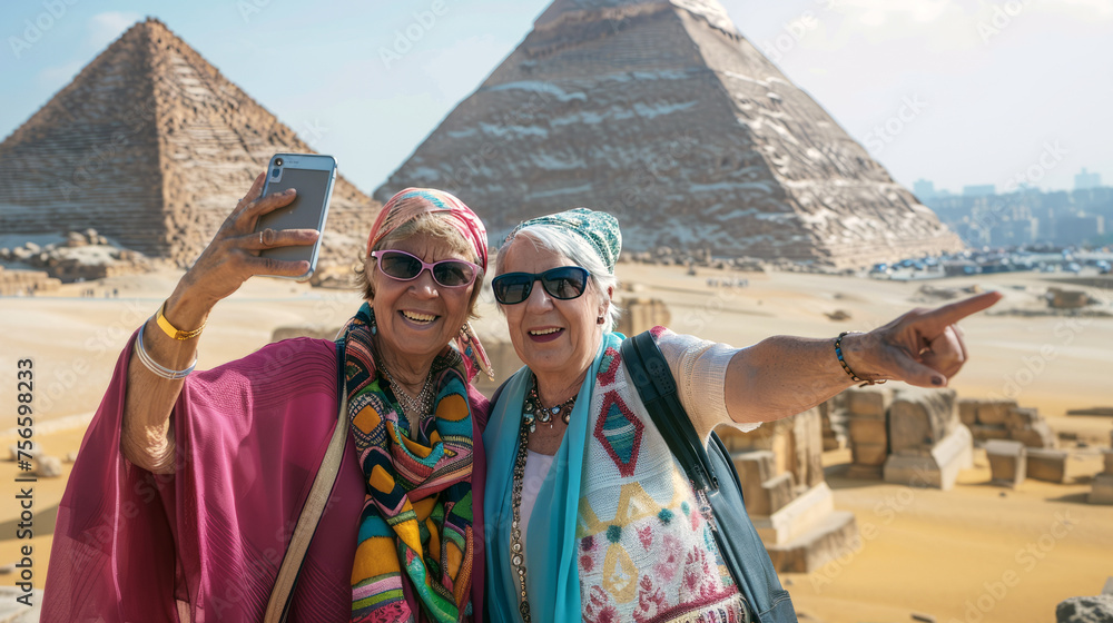 Two women are posing for a picture in front of the pyramids Stock Photo ...