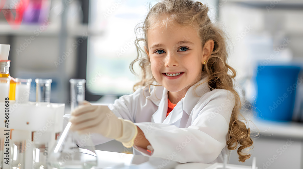 A smiling young girl with curly hair wearing a lab coat performs a ...