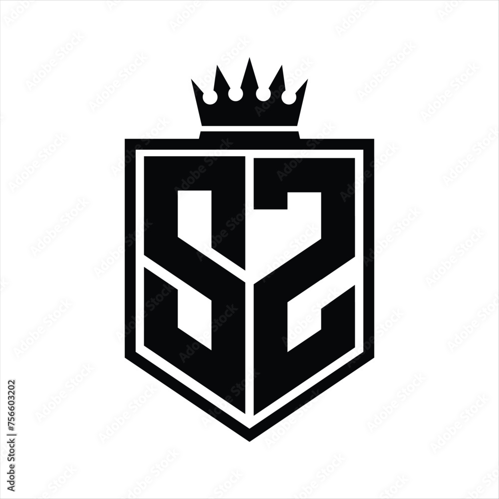 SZ Logo monogram bold shield geometric shape with crown outline black ...
