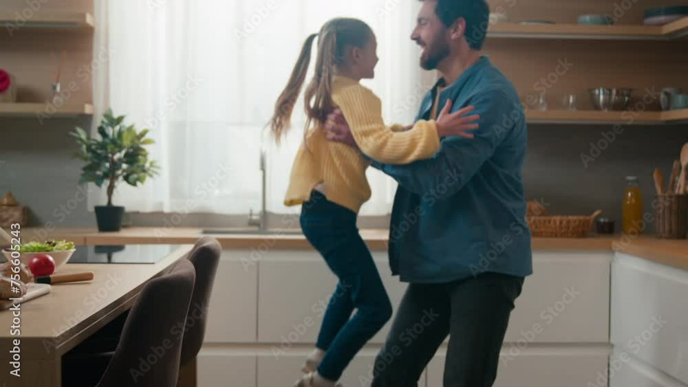 Parent dad at kitchen catch little child kid girl run hurry running to ...