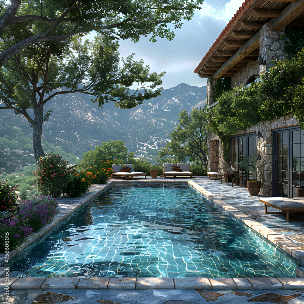 **realistic image of an outdoor pool, zoomed in on pool waterline edge ...