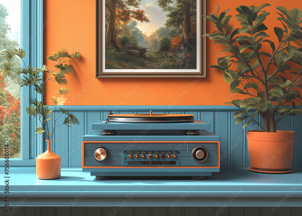 Vintage radio and turntable at a table. Retro style interior. Stock ...
