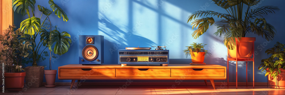 Vintage radio and turntable at a table. Retro style interior. Stock ...