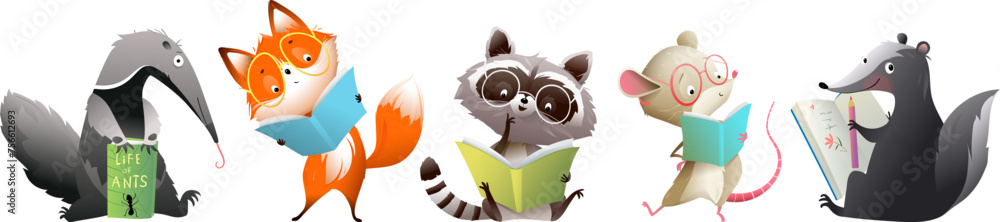 Cute animals reading books or study, hand drawn characters for kids ...