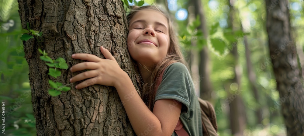 Earth day, sustainability and child with a tree hug for eco friendly ...
