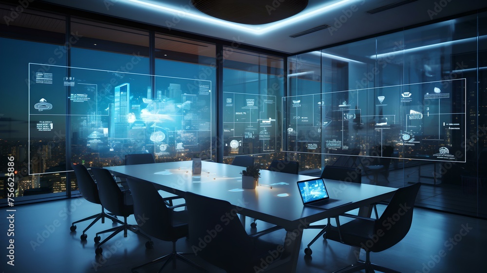 Futuristic boardroom at night with holographic data projections ...
