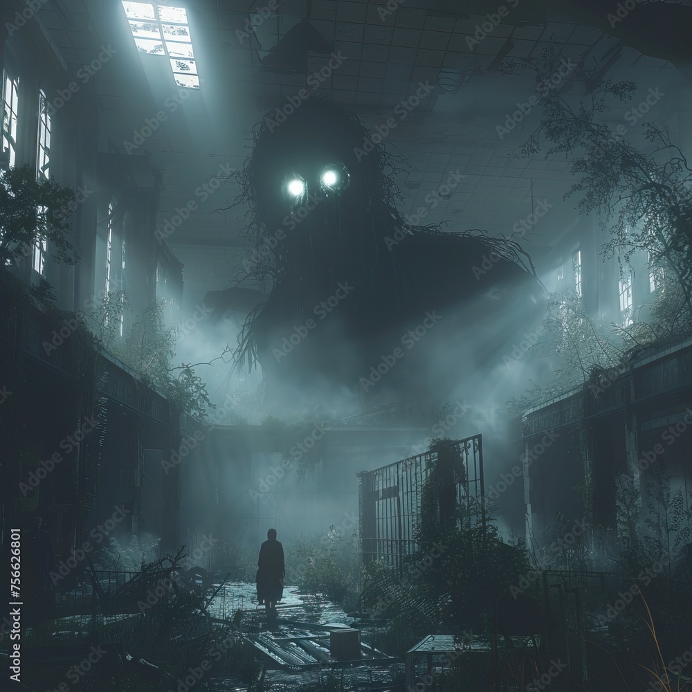 Fog-filled hospital ruins with a monstrous silhouette prowling eyes ...