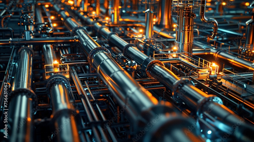 Detailed illustration of metallic pipelines and pipe racks ...