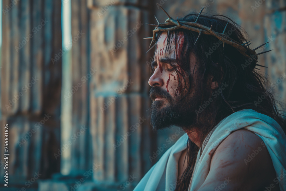 tortured sad Jesus Christ wearing a crown of thorns against the ...