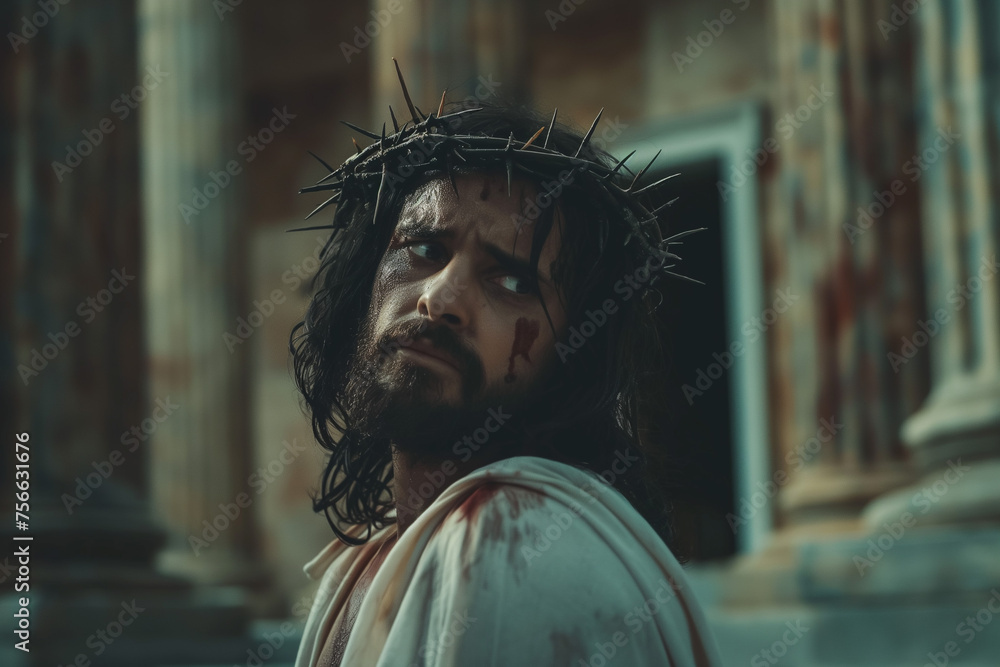 tortured sad Jesus Christ wearing a crown of thorns against the ...