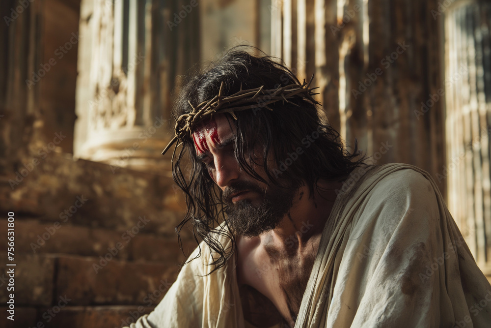 tortured sad Jesus Christ wearing a crown of thorns against the ...