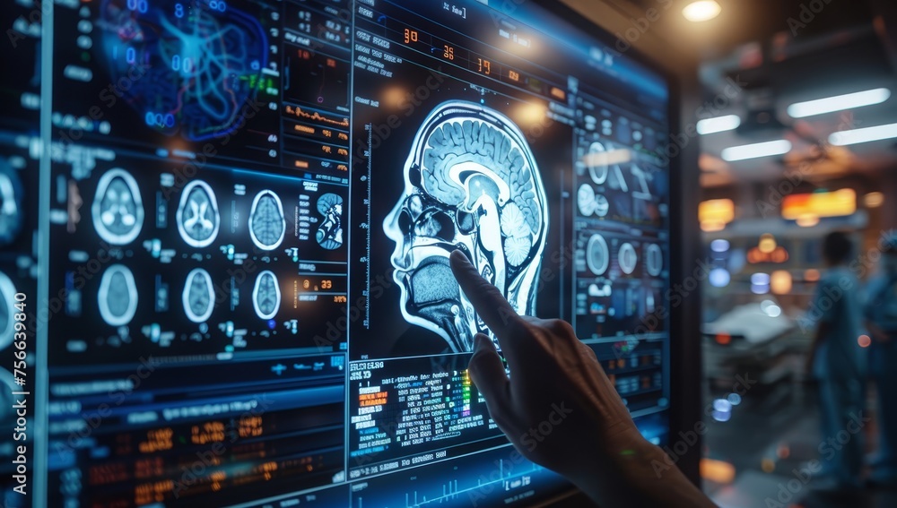 A digital display showing AI-generated medical images and data ...