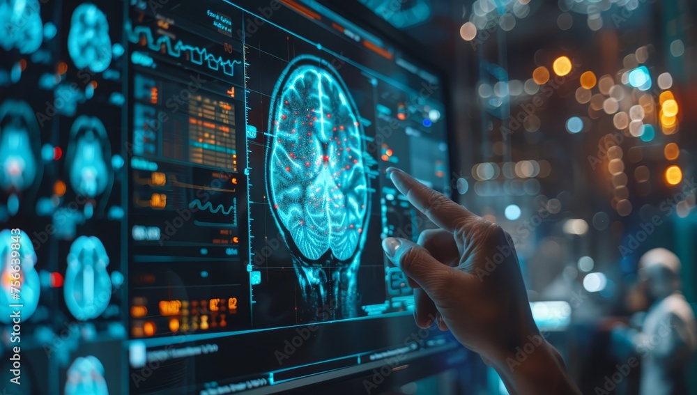 A digital display showing AI-generated medical images and data ...