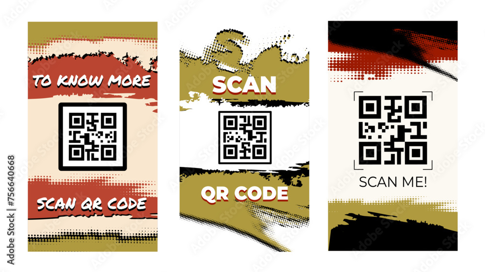 QR Scan Vertical Template Set. Glitch Distorted Halftone story ...