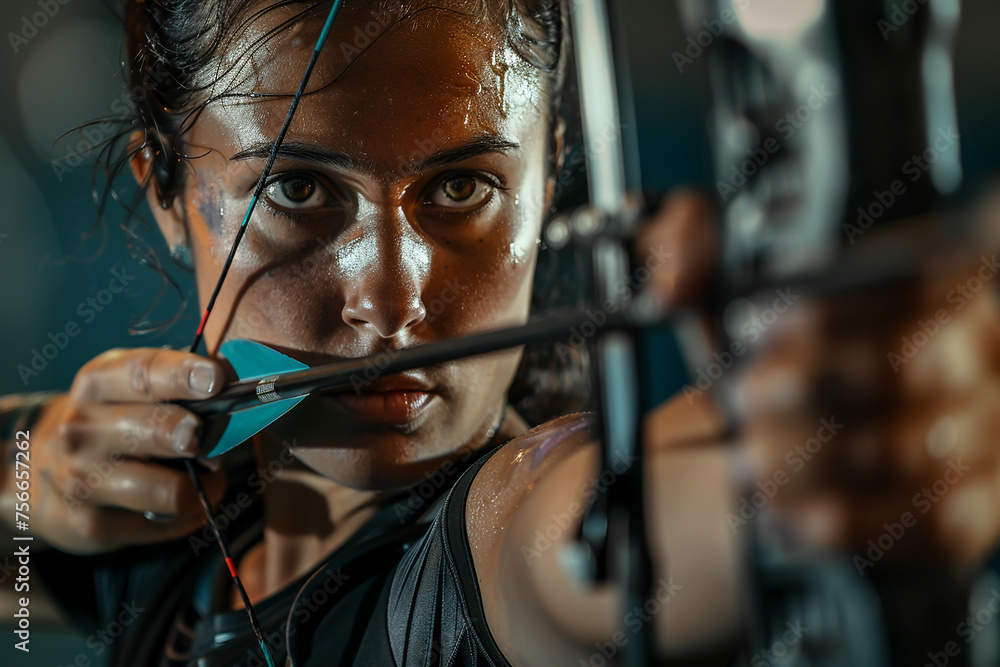 An archery athlete drawing a bow with focused determination muscles ...