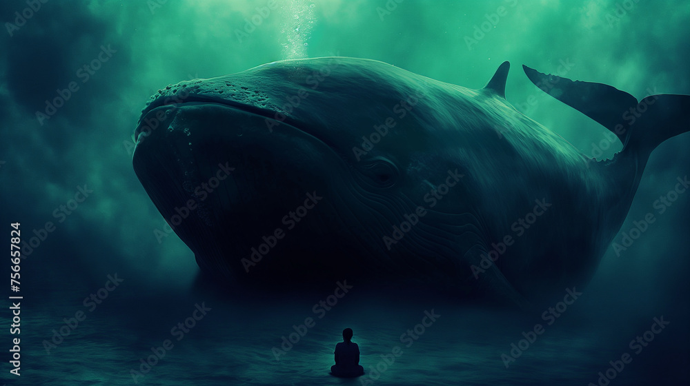 Jonah and the whale visualized with a tiny figure sitting thoughtfully ...