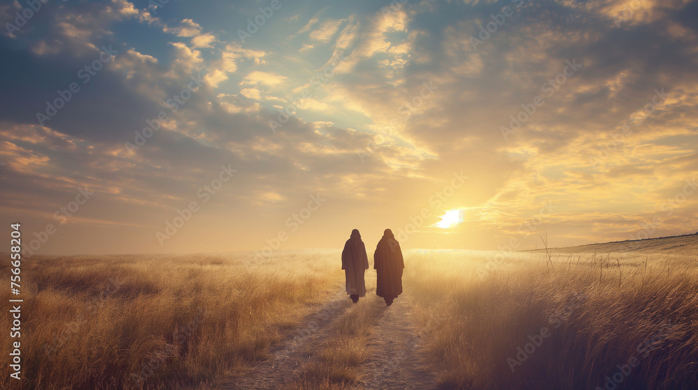 The road to Emmaus scene, with two disciples walking with Jesus ...