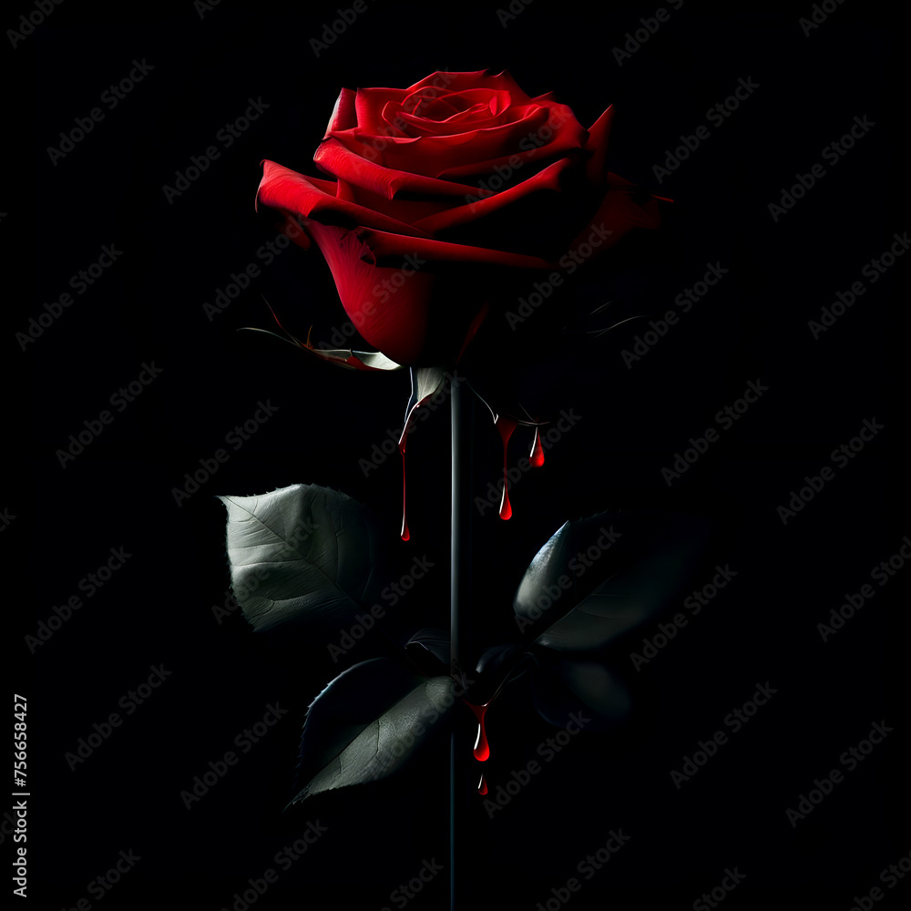 A red rose, long stem, withered, a drop of blood on the rose petal, on ...