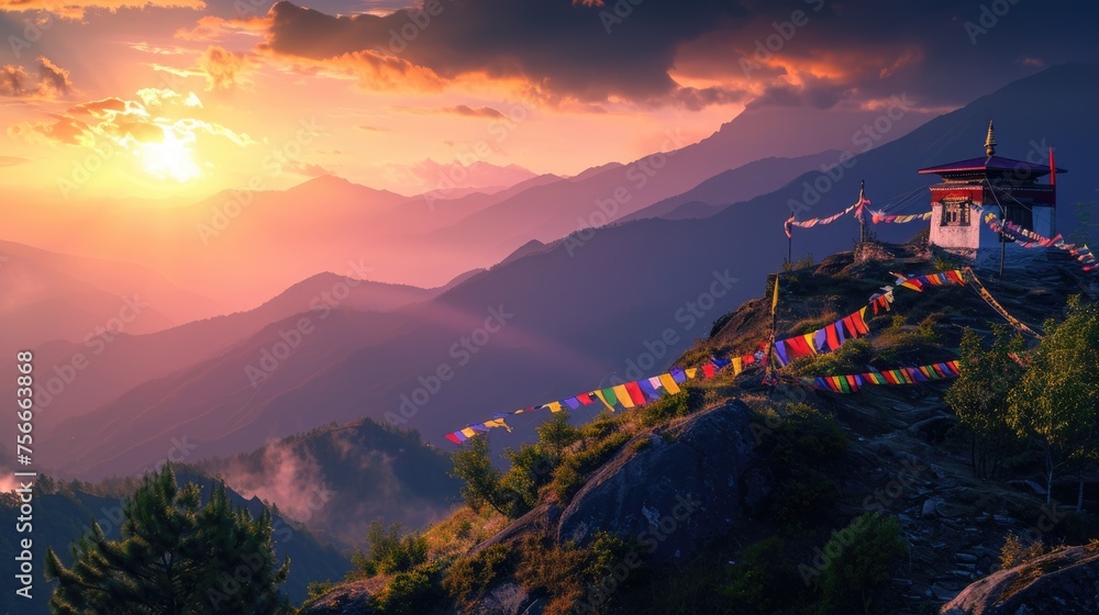 Sunrise illuminates a Himalayan temple and vibrant prayer flags, with ...