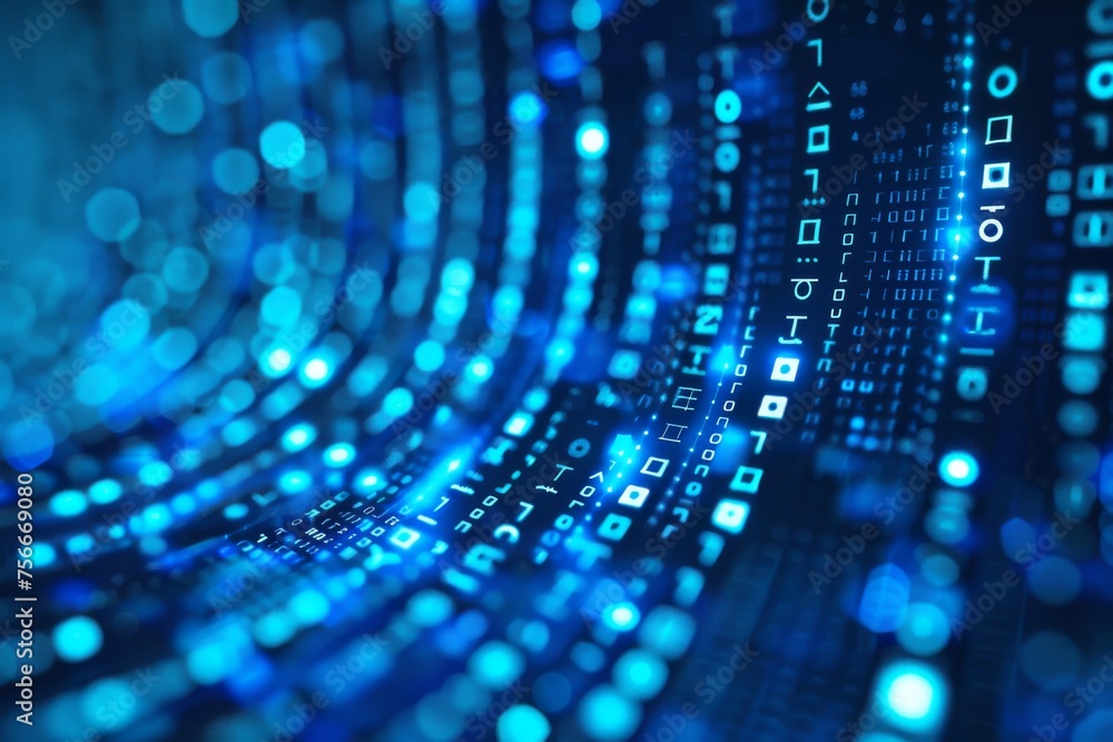 Curved binary code in a digital tunnel - A binary code flows in a curved pattern through a ...