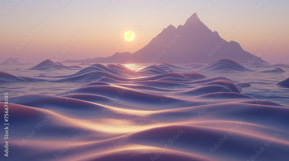 surreal landscape with soft, rolling hills under a gentle sky, lit by a ...